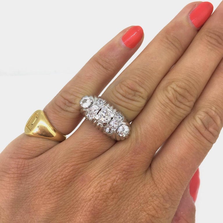 Retro Diamonds Ribbed Ring, 18kt Gold and Platinum, France, circa 1940 ...