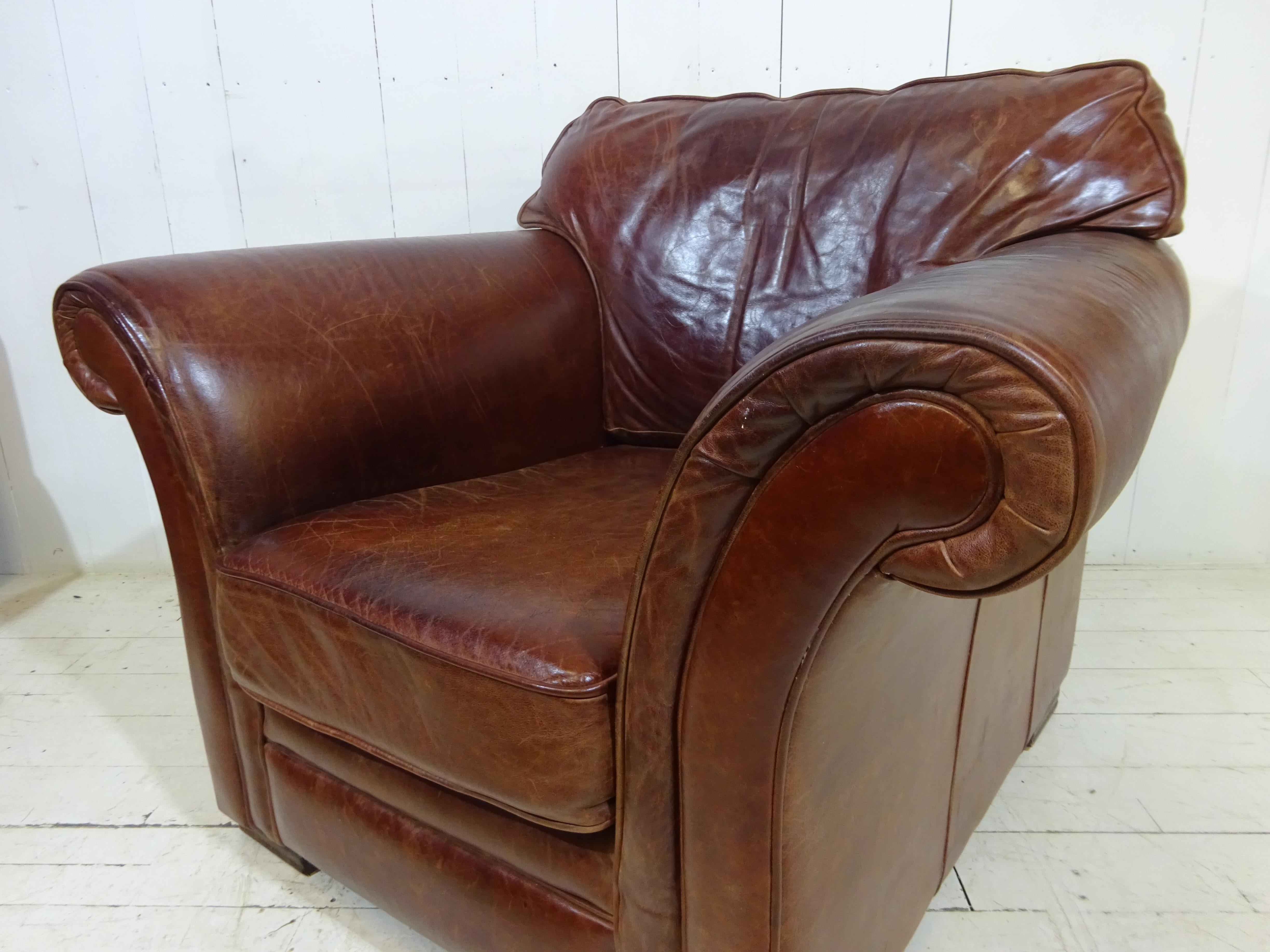 Retro Distressed Tan Leather Armchair at 1stDibs