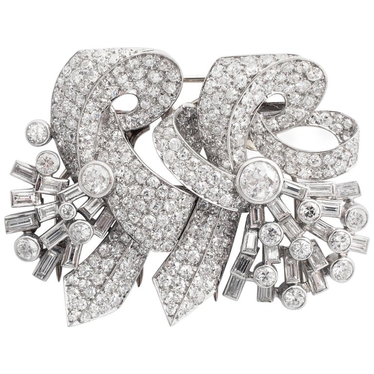 Retro Double Clip Brooch Diamond Platinum For Sale at 1stDibs