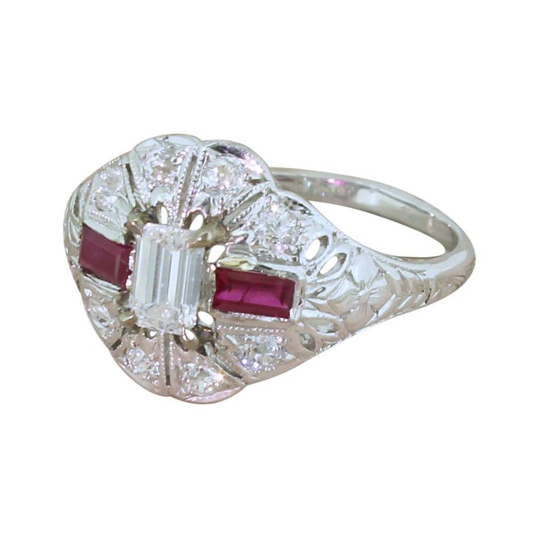 Retro Emerald Cut Diamond and Ruby Ring, circa 1950 For Sale at 1stDibs
