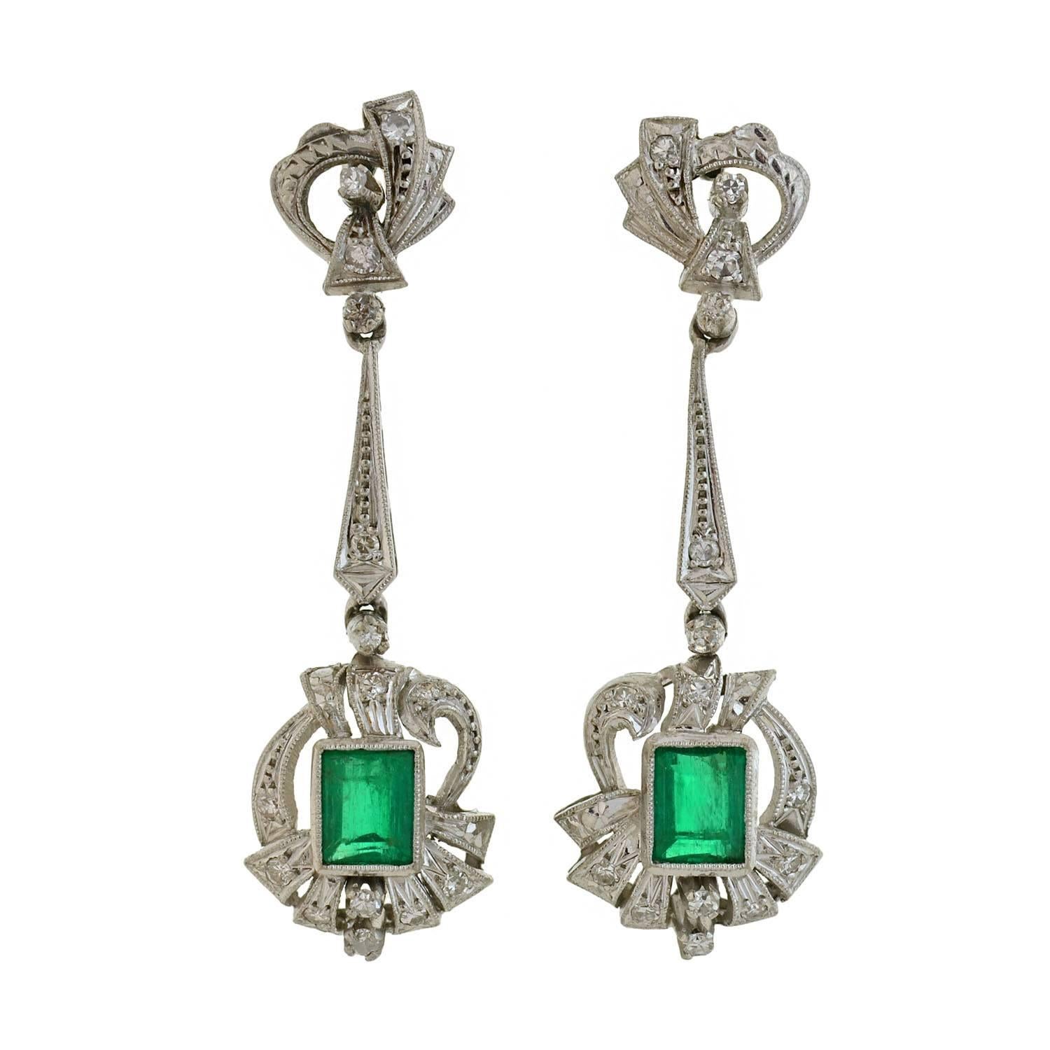 Retro Emerald Diamond Earrings at 1stDibs | emerald earrings for sale