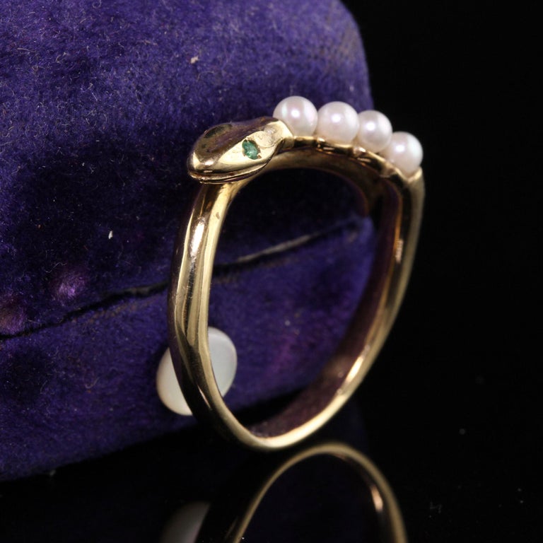 Retro Estate 14K Yellow Gold Pearl and Emerald Snake Ring For Sale at ...