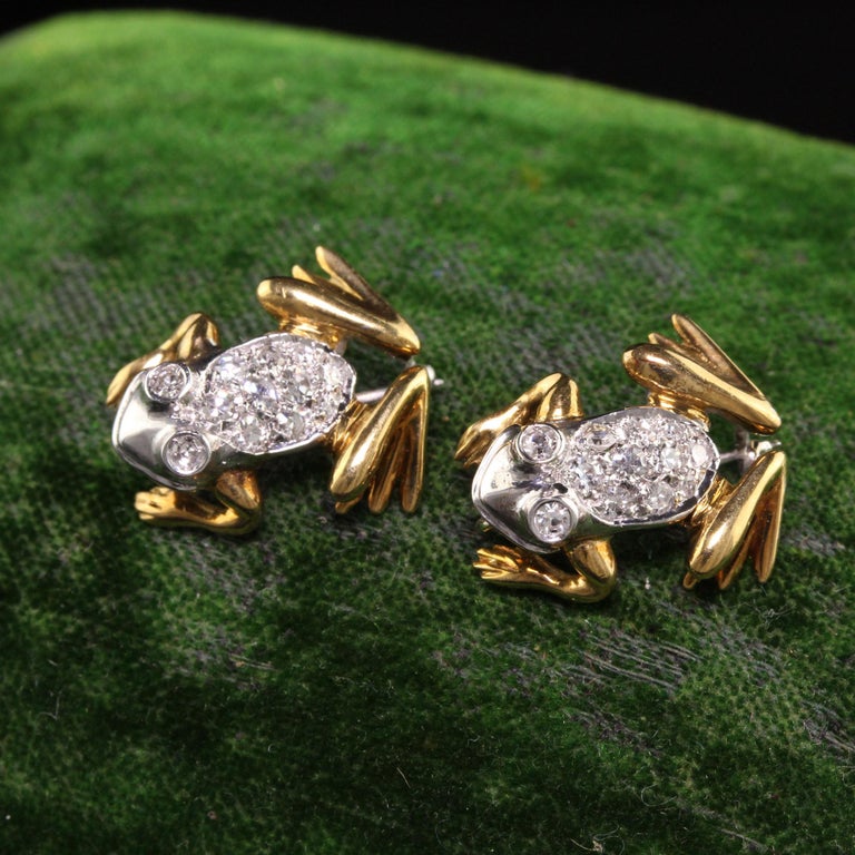 Retro Estate 18K Yellow Gold and Platinum Diamond Frog Lapel Pin ...