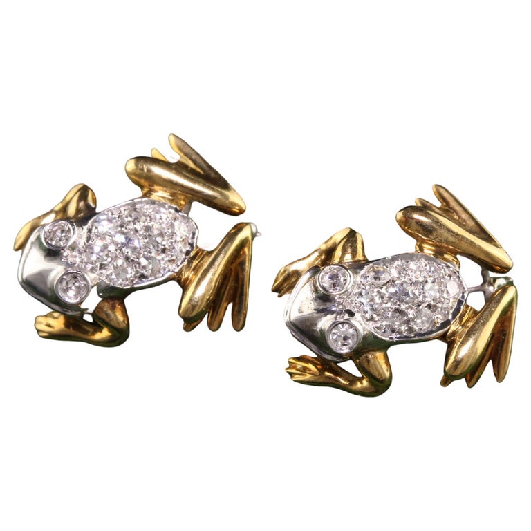 Retro Estate 18K Yellow Gold and Platinum Diamond Frog Lapel Pin ...