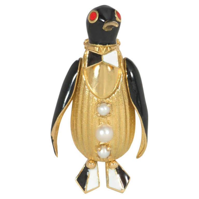 Retro Fred Paris Gold, Enamel, Pearl Penguin Brooch with Movable Head ...