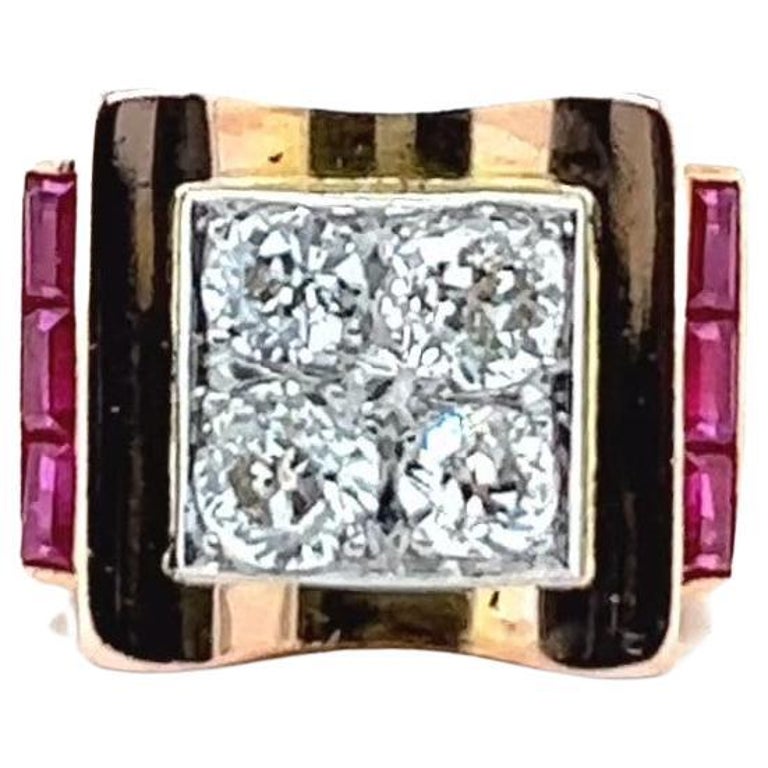 Retro French 1.70 Carats Old European Cut Diamonds Ruby Tank Ring at ...