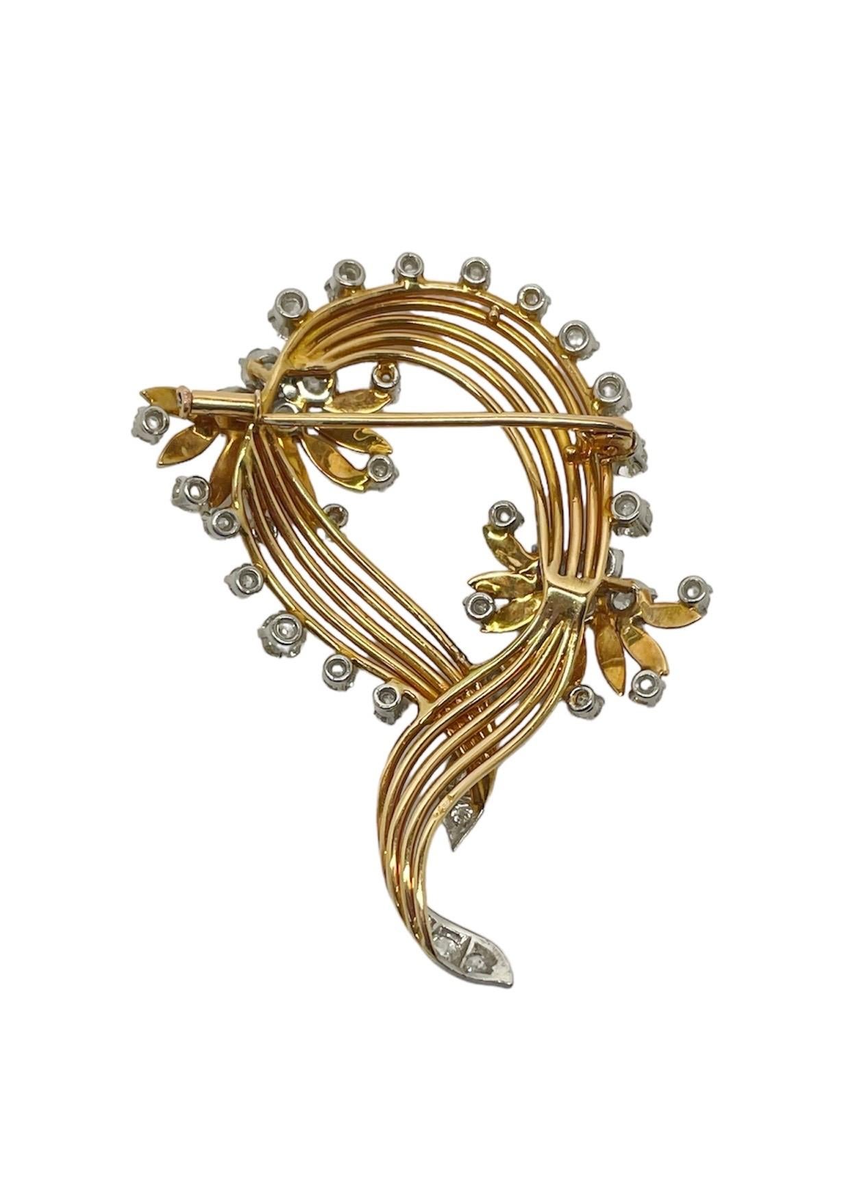 Retro French, 18K Yellow Gold, Platinum and Diamond Brooch For Sale at ...