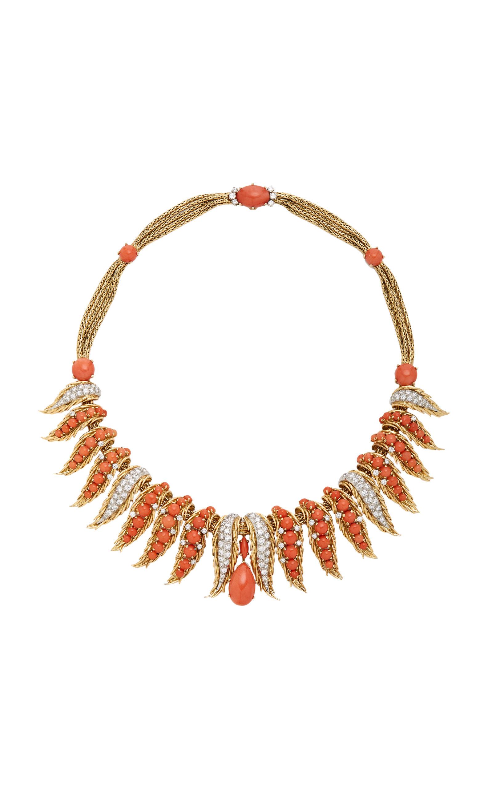 Retro French Diamond Coral Gold Necklace at 1stDibs