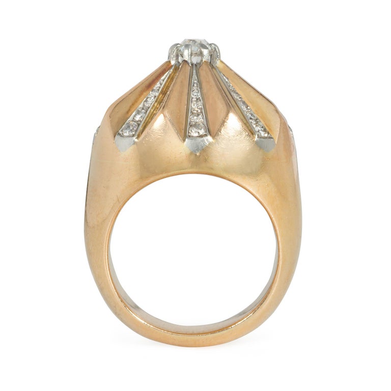Retro French Gold and Diamond Cone-Shaped Ring with Radiating Diamond ...
