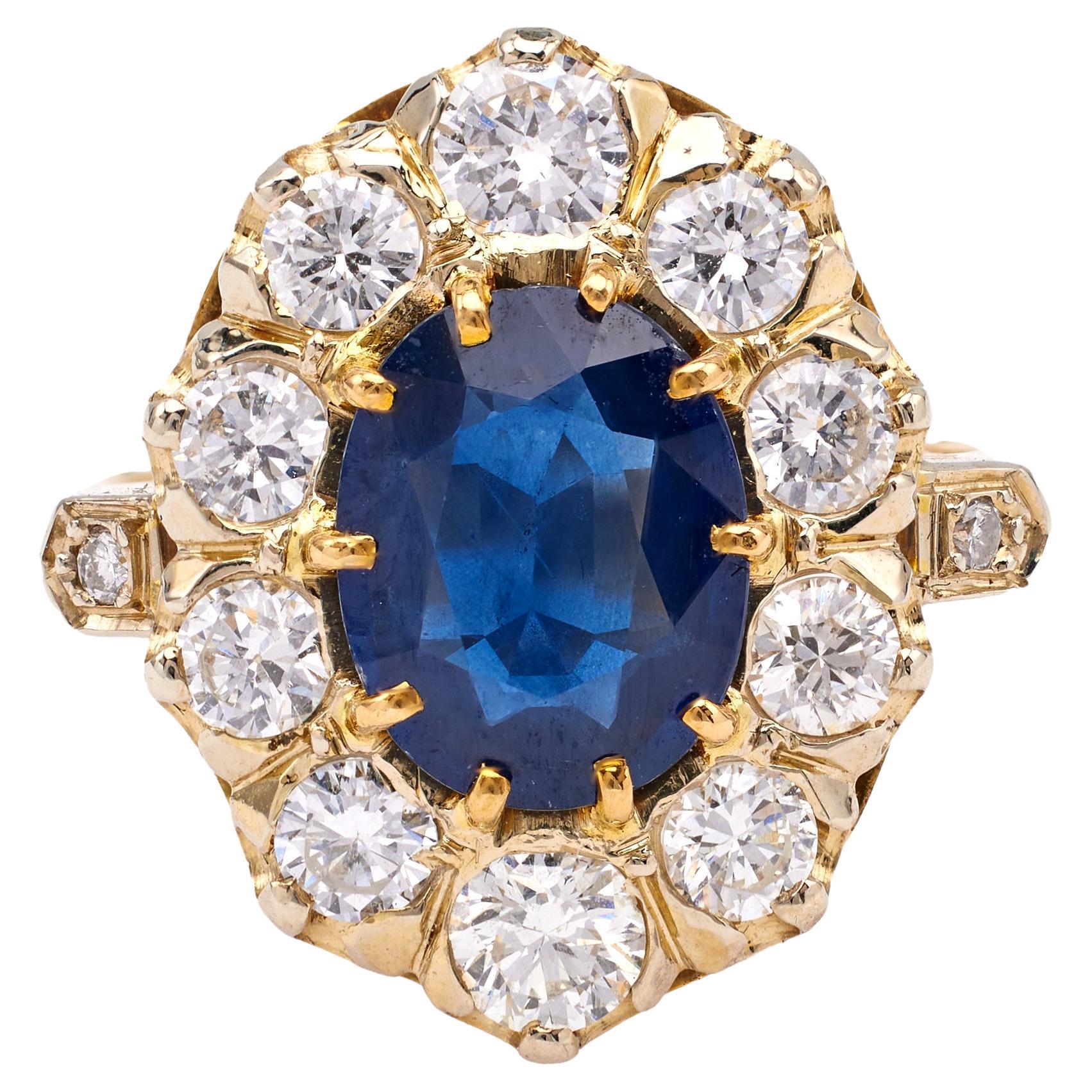 Retro French Sapphire and Diamond 18k Yellow Gold Cluster Ring For Sale ...