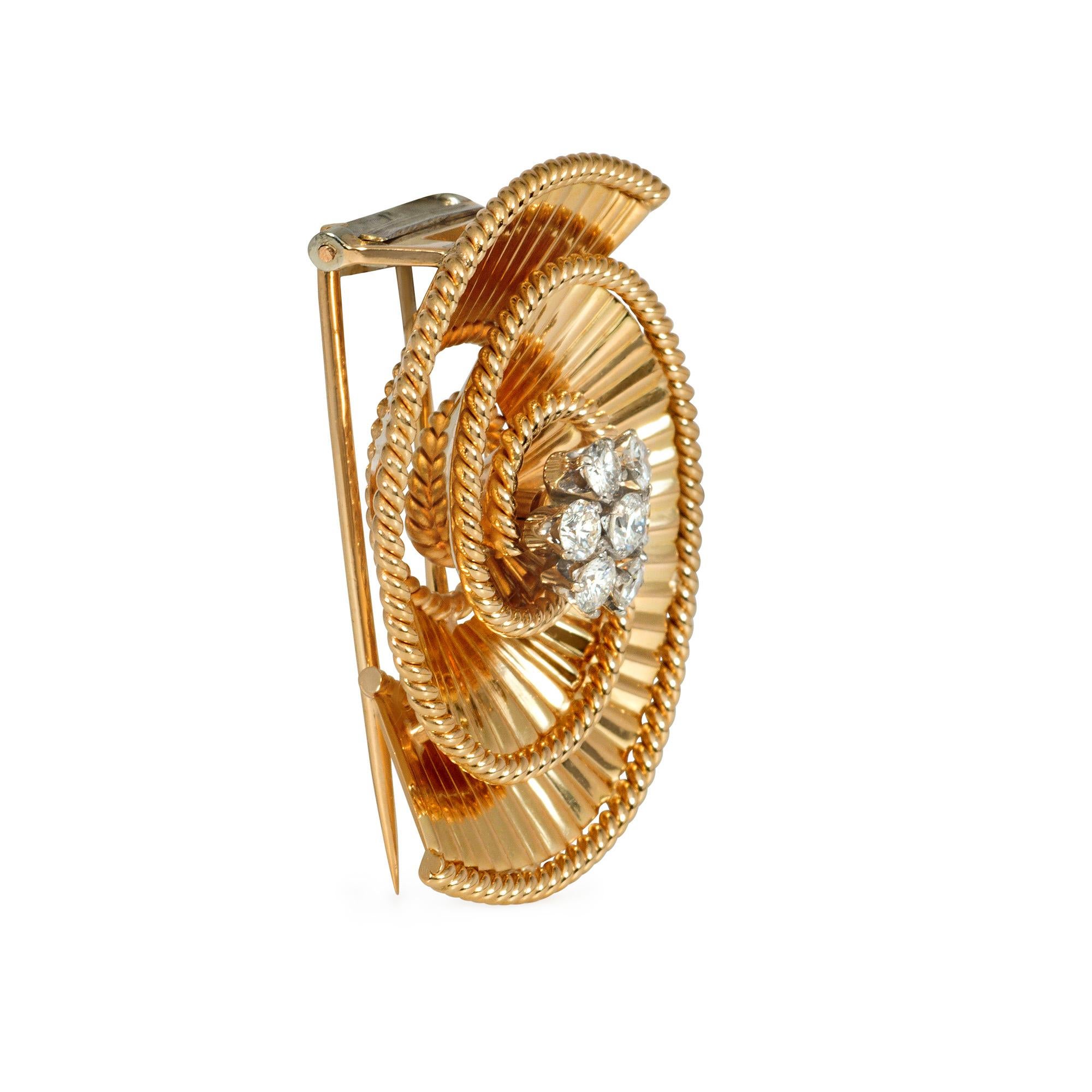 Retro Gold and Diamond Concentric Swirl Clip Brooch For Sale at 1stDibs