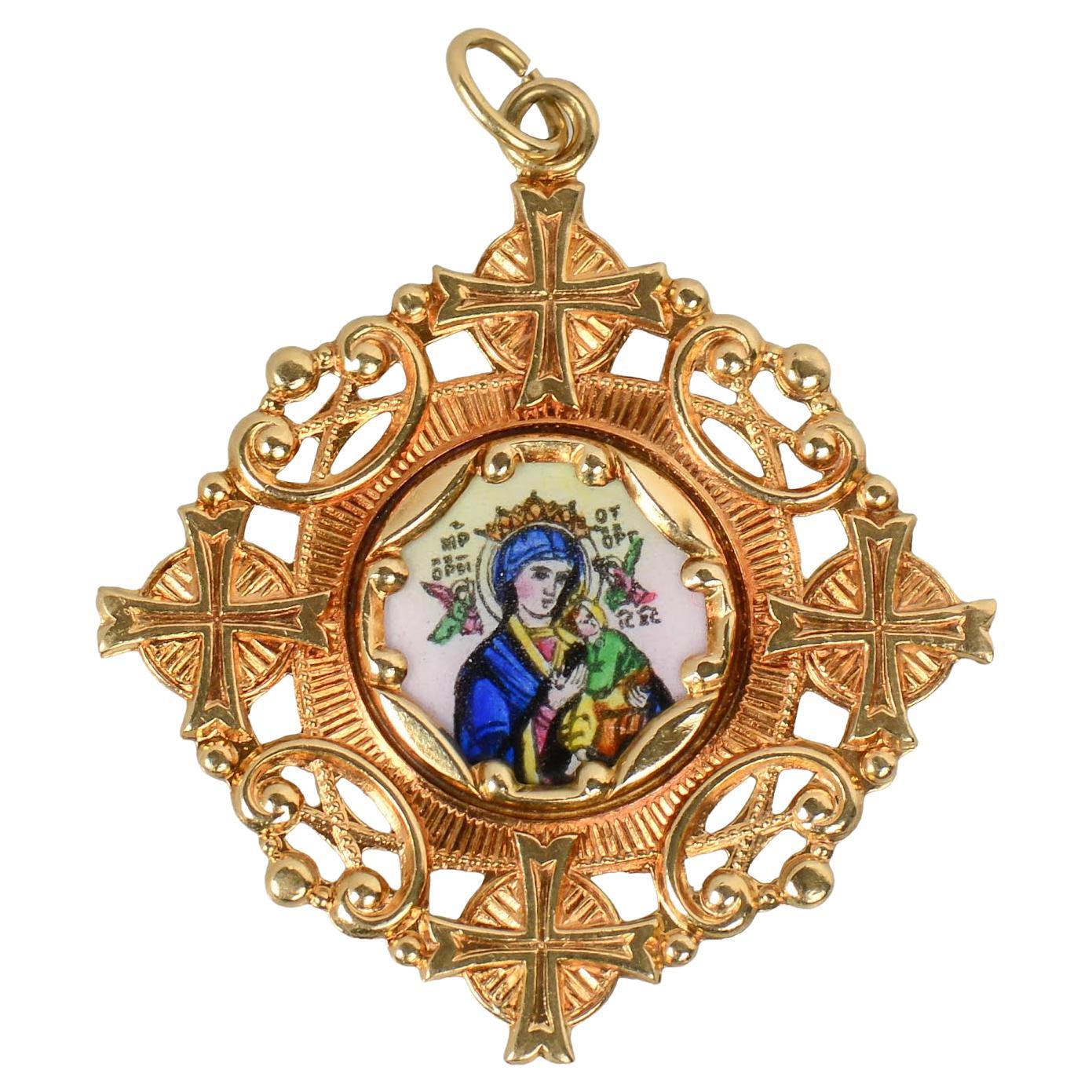 Retro Gold and Enamel Religious Medal of Jesus and Mary For Sale at 1stDibs