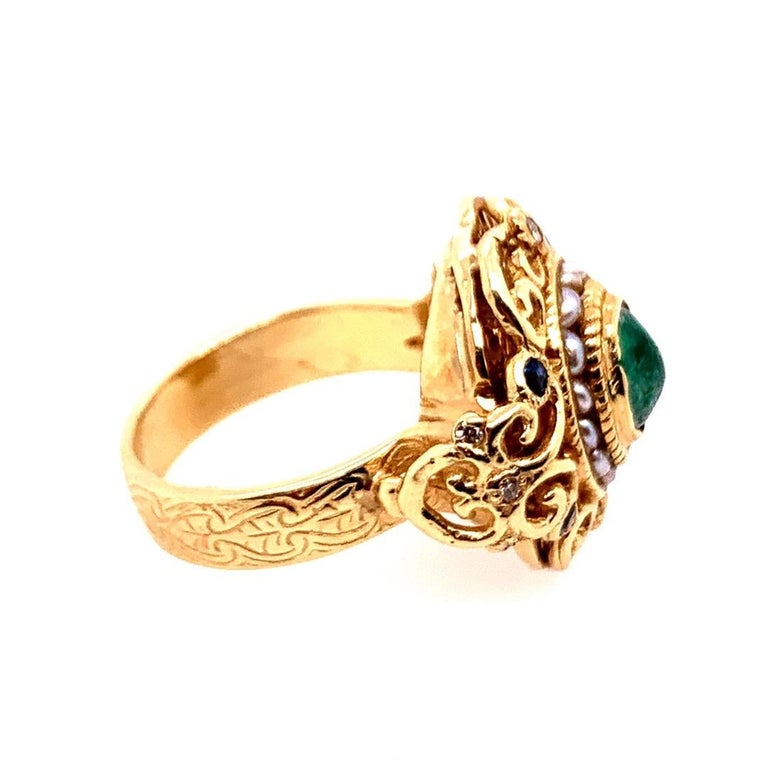 Retro Gold Cocktail Ring 2 Carat Natural Emerald Cab Sapphire Diamond ...