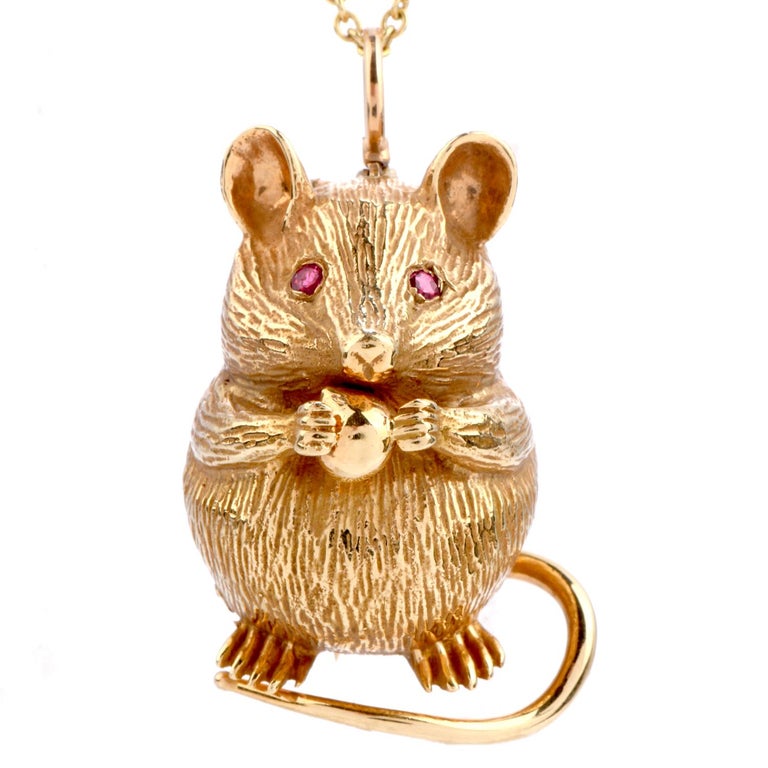 Retro Gold Mouse Ruby Textured Brooch Pin Pendant at 1stDibs