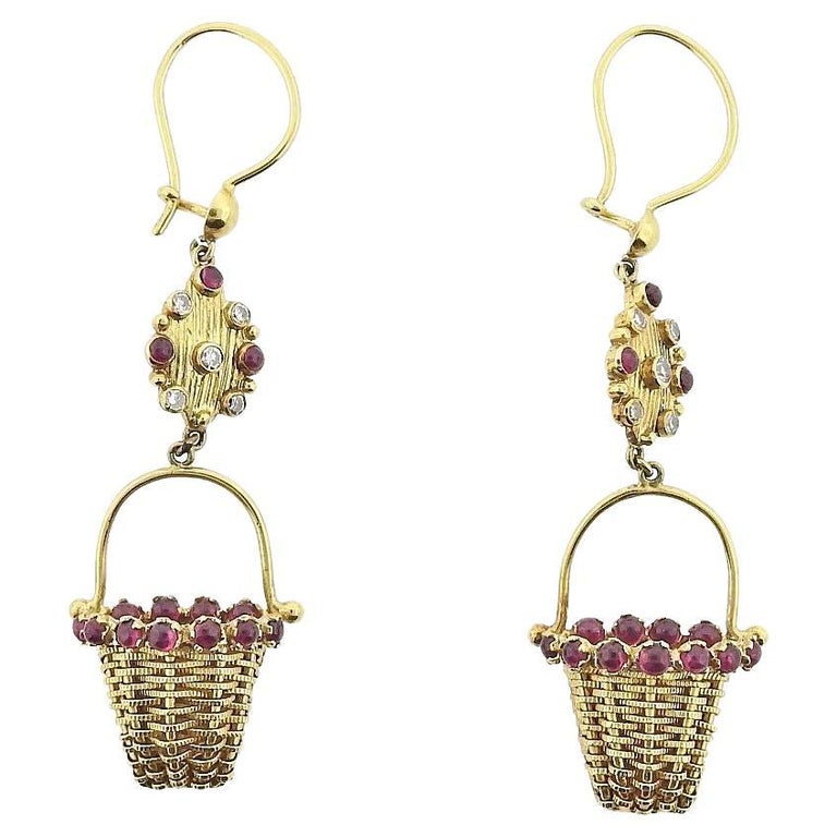 Retro Gold Ruby Diamond Basket Earrings For Sale at 1stDibs