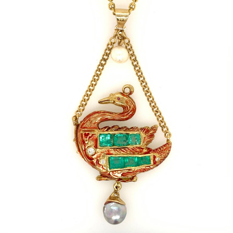 Retro Gold Swan Pendant 6.50 Carat Natural Emerald and Diamond, circa ...