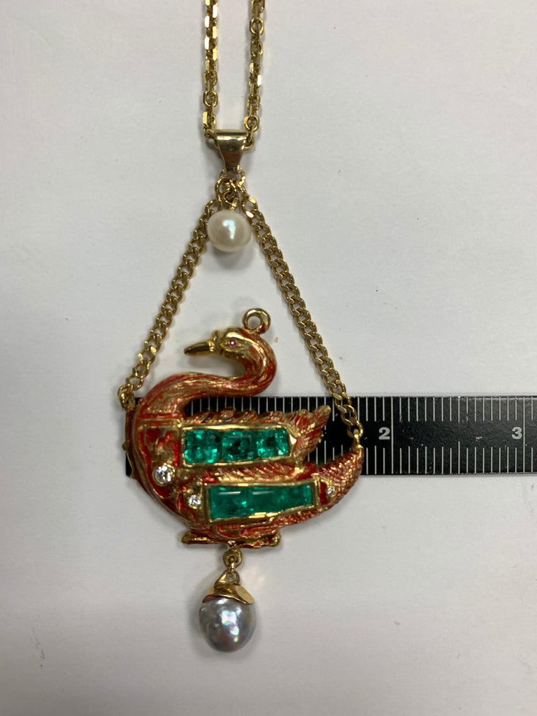 Retro Gold Swan Pendant 6.50 Carat Natural Emerald and Diamond, circa ...