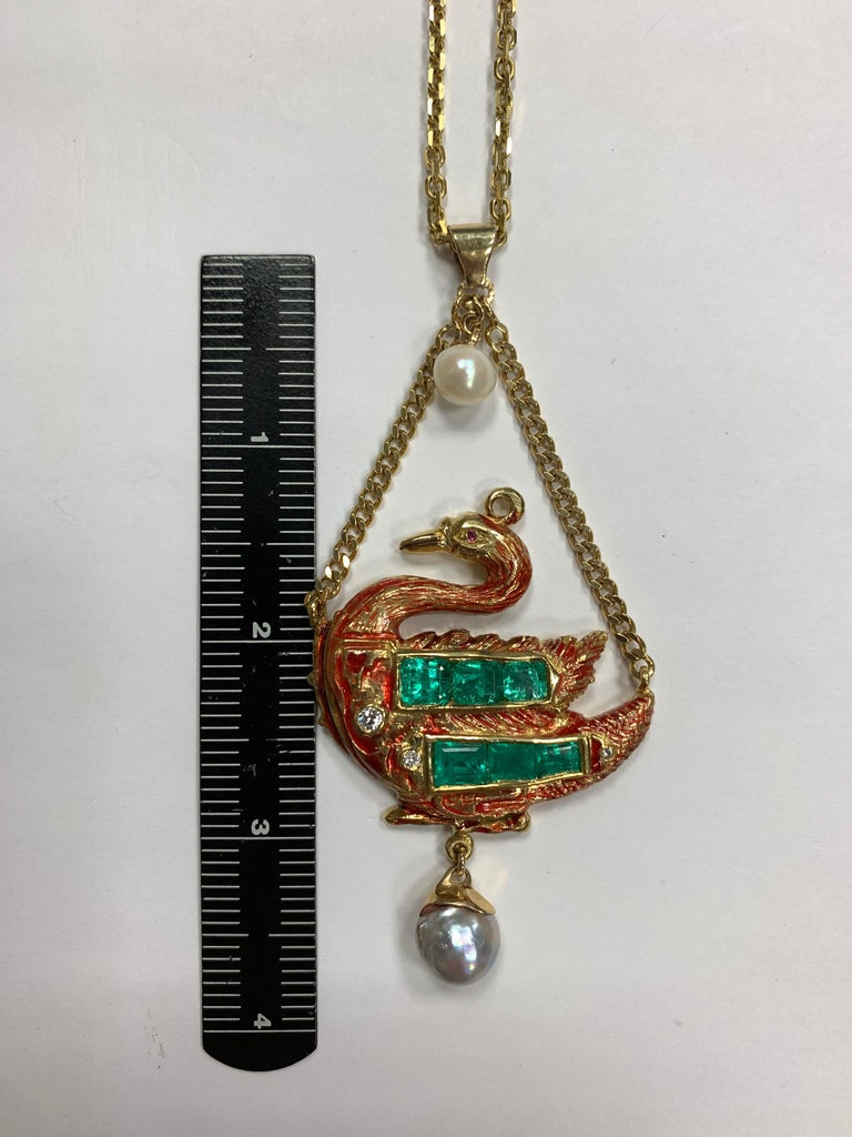 Retro Gold Swan Pendant 6.50 Carat Natural Emerald and Diamond, circa ...