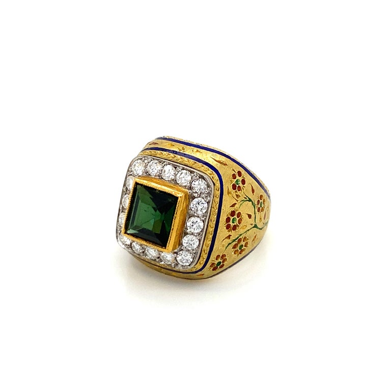 Retro Green Tourmaline Diamond Enamel Cocktail Ring at 1stDibs