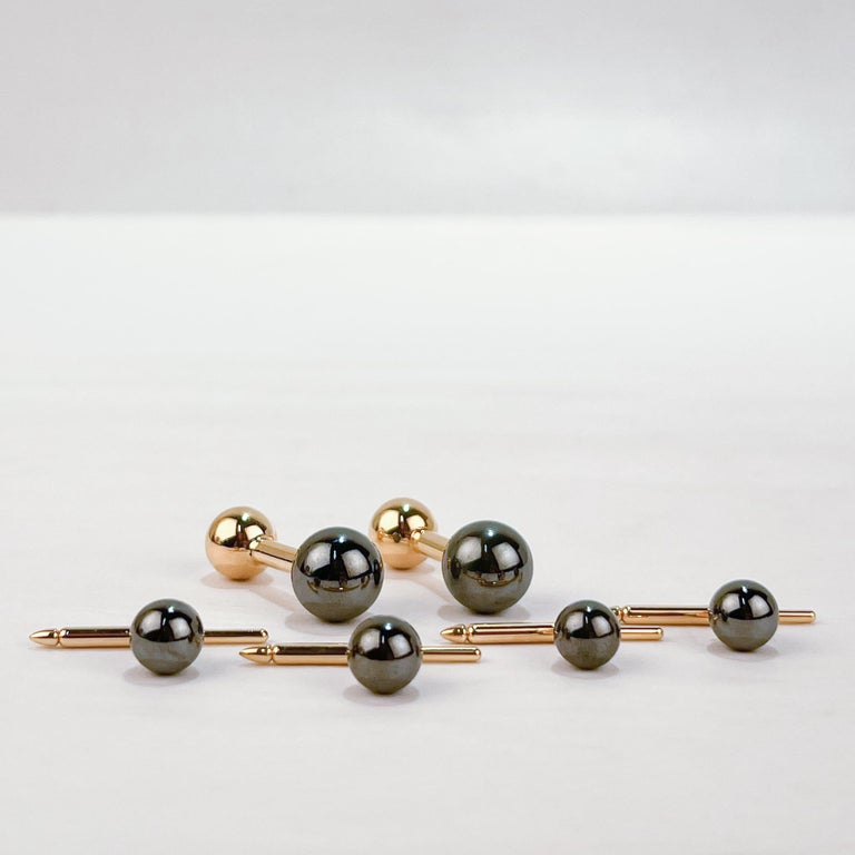 Retro Hematite and 18 Karat Cufflink and Button Dress Set, Ex-Firestone ...