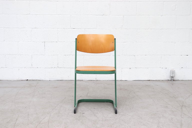 Retro Industrial Stacking School Chairs with Green Enameled Frame at ...