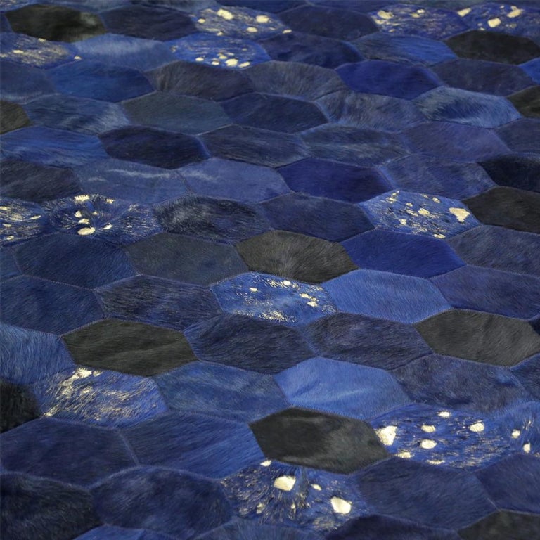 Retro Inspired Customizable Hornet Blue Cowhide Rug Rectangle Small For ...