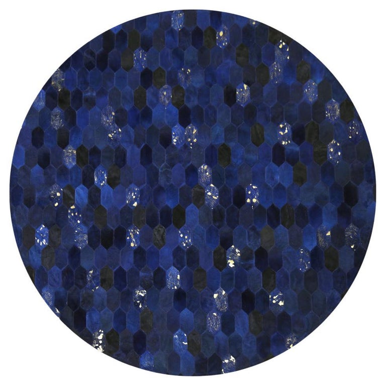 Retro Inspired Customizable Hornet Blue Cowhide Rug Round Large For ...