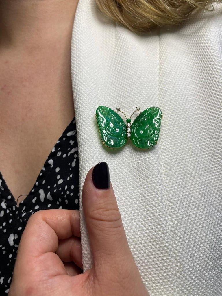 Retro Natural Untreated Jade and Diamond Butterfly Brooch, Circa 1960 ...