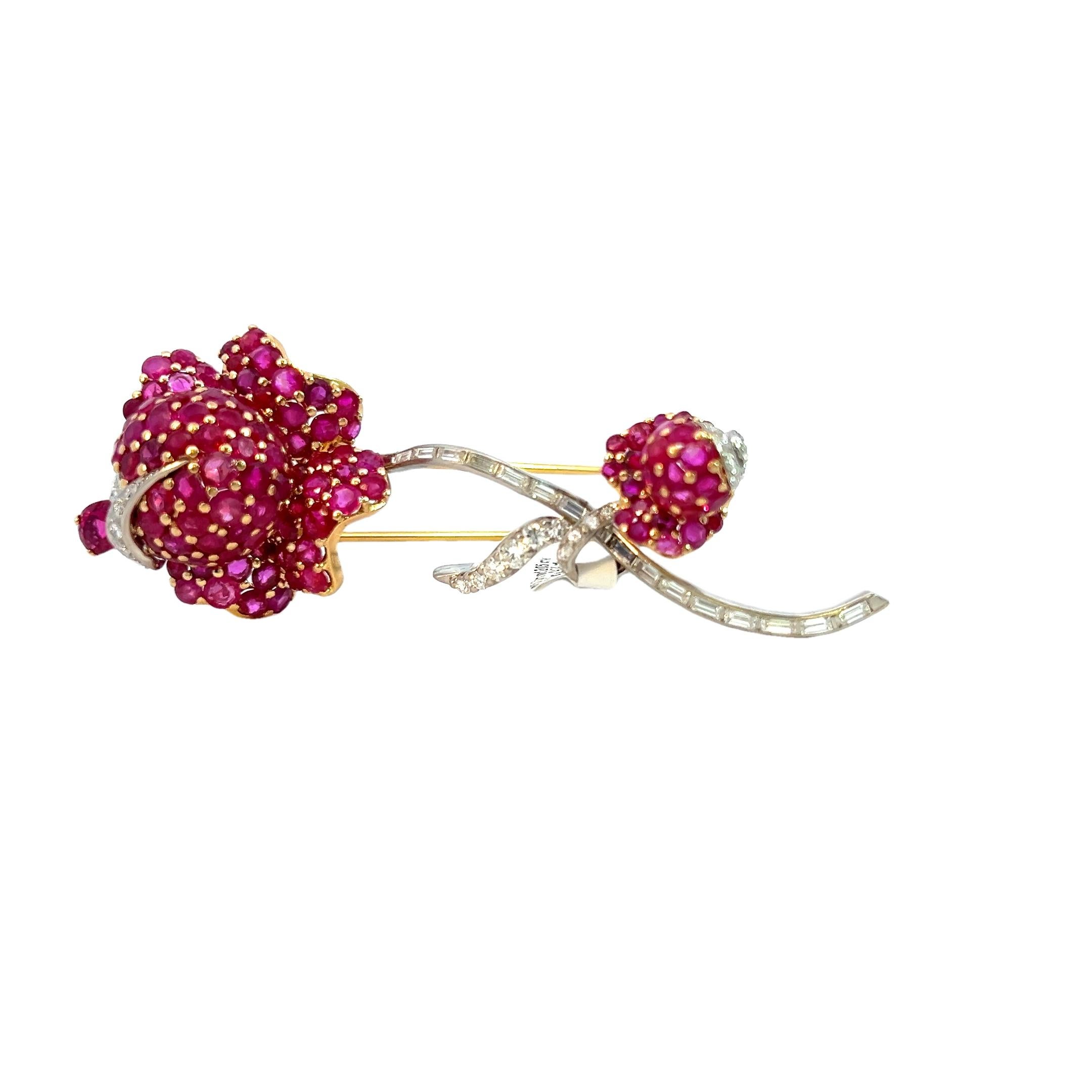 Retro Large Flower Ruby and Diamond Brooch Pin For Sale at 1stDibs