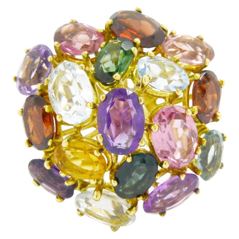 Retro Multi Color Gemstone Dome Cocktail Ring Tutti Frutti Rainbow Cluster For Sale at 1stDibs