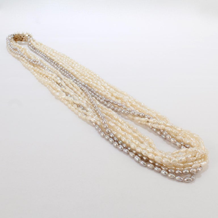 Retro Multi Strand Freshwater Pearl Necklace With A Brutalist 14k Gold