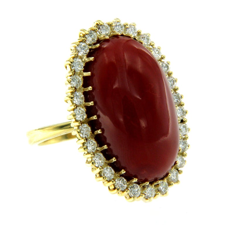 Retro Natural Oxblood Aka Coral Diamond Gold Ring at 1stDibs