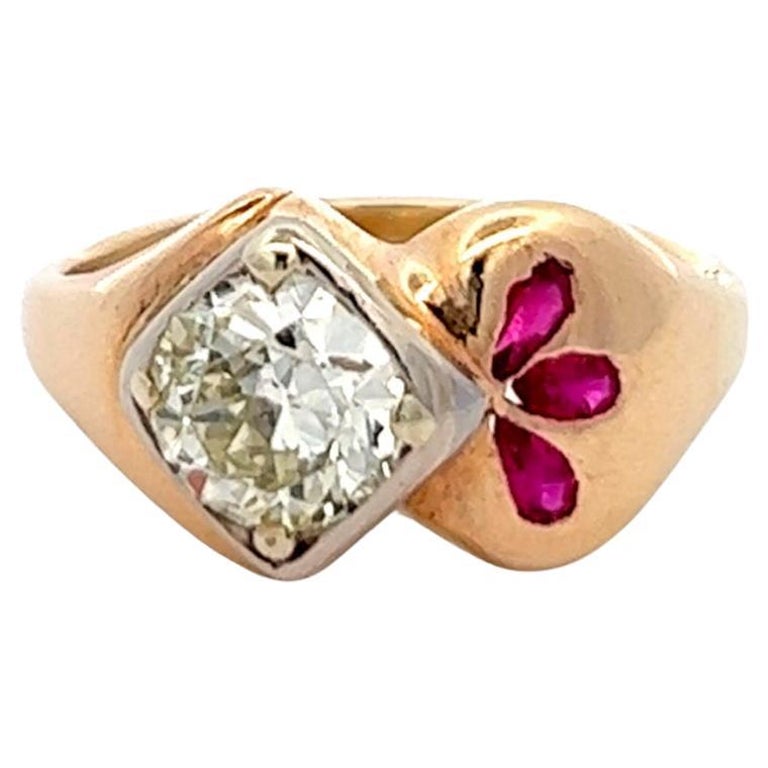 Retro Old European Cut Diamond Ruby 14 Karat Yellow Gold Ring For Sale ...