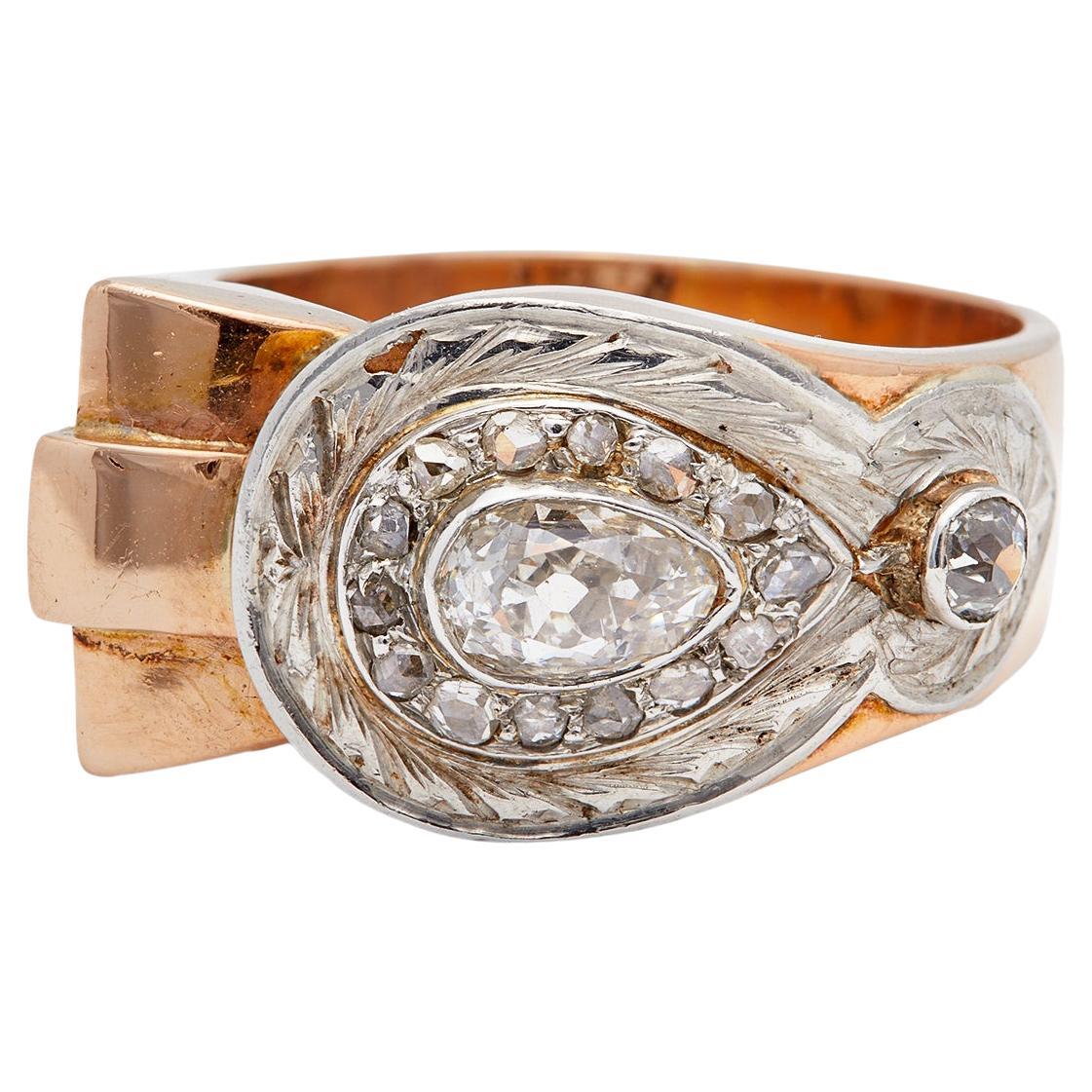 Retro Pear Cut Diamond 18k Rose Gold Platinum Tank Ring For Sale at 1stDibs