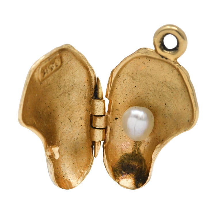 Retro Pearl 14 Karat Yellow Gold Freshwater Mussel Charm at 1stDibs