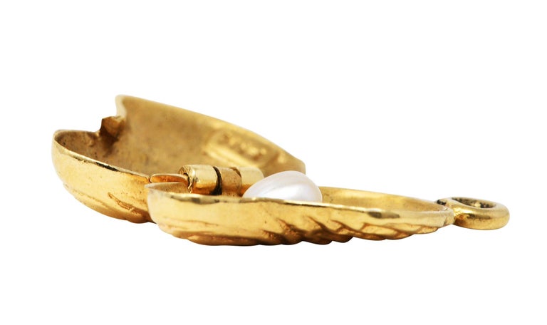 Retro Pearl 14 Karat Yellow Gold Freshwater Mussel Charm at 1stDibs