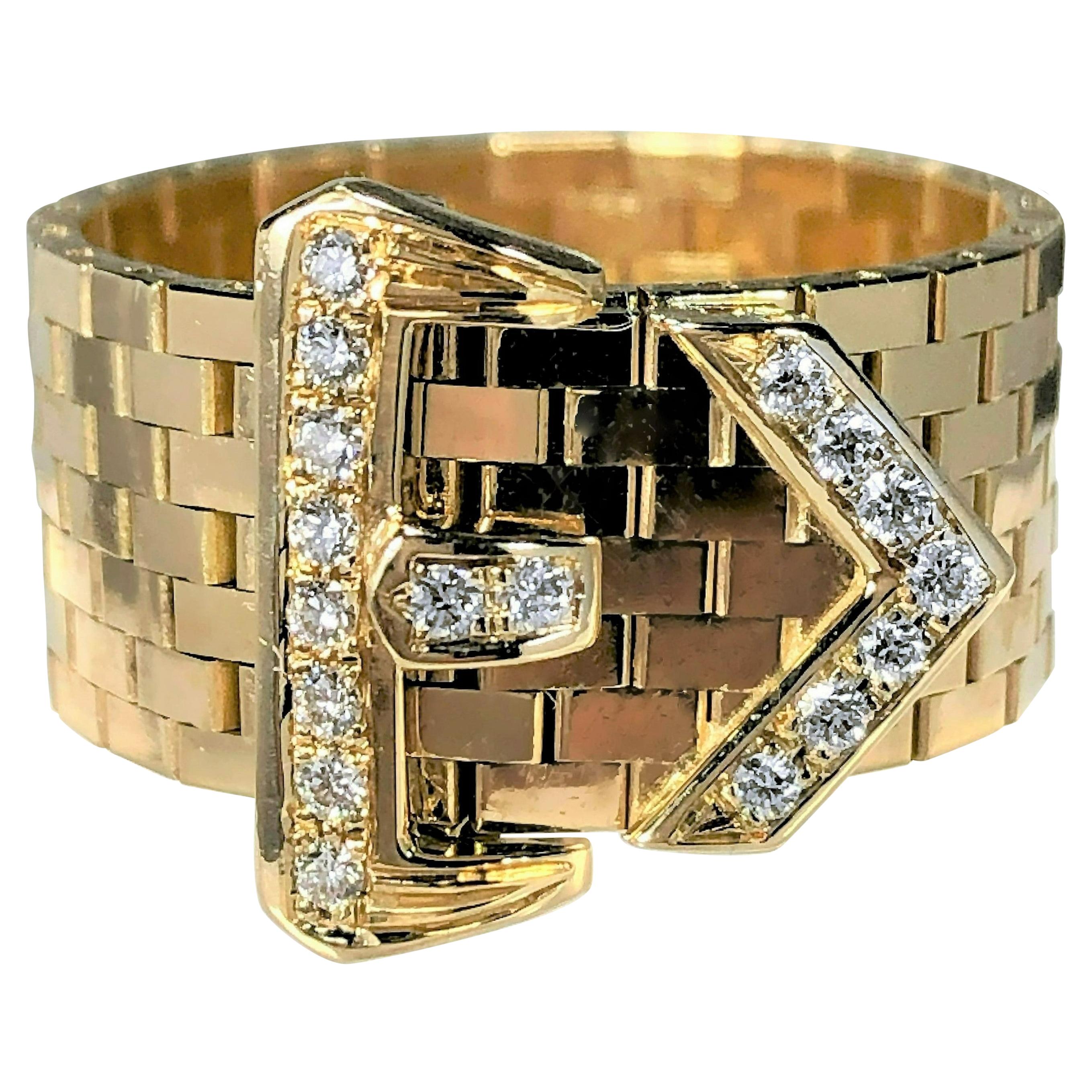 Gold Buckle Ring with Diamonds and Repousse Border HM 1899 at 1stDibs
