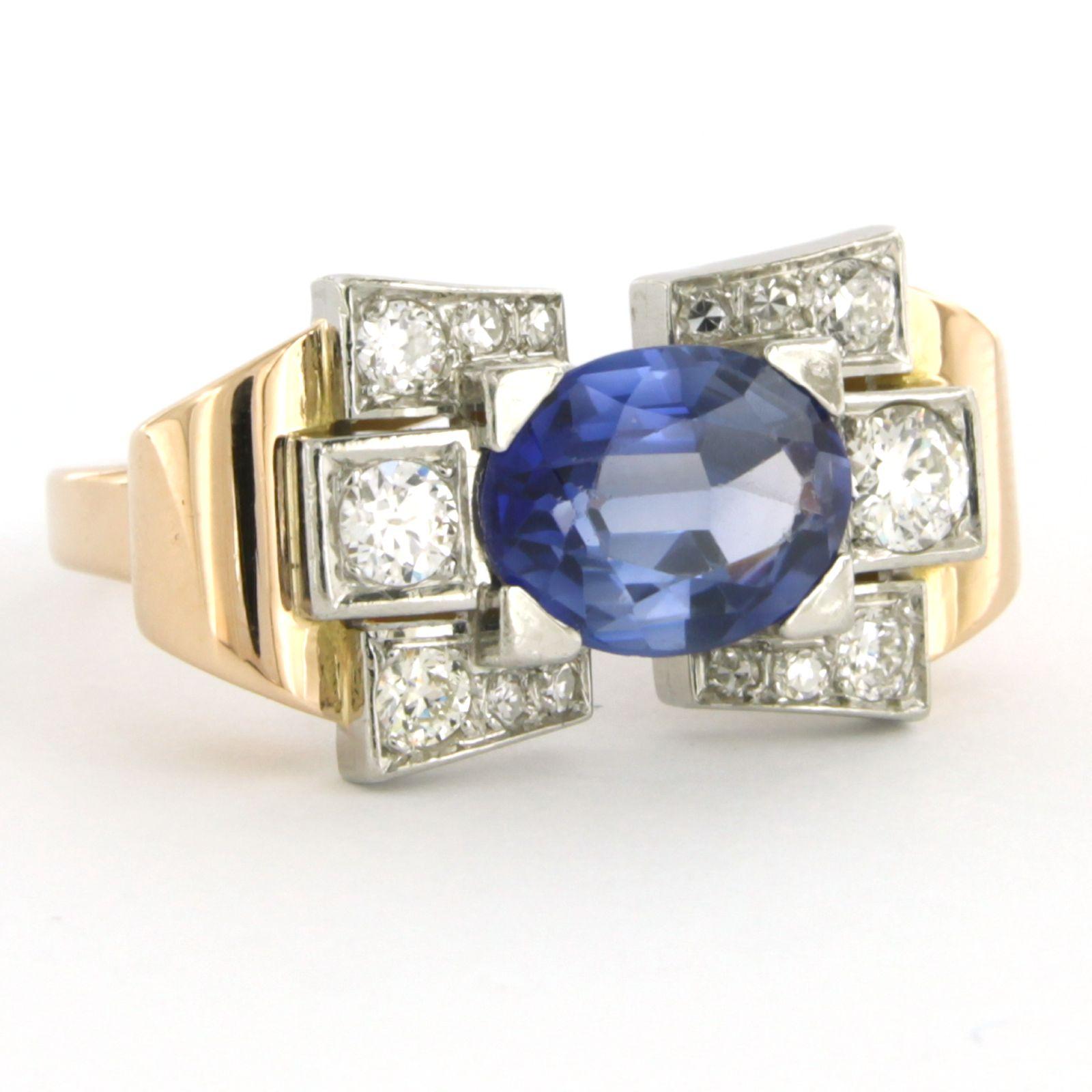 RETRO - Ring with synthetic Sapphire and Diamonds 18k bicolour gold For ...