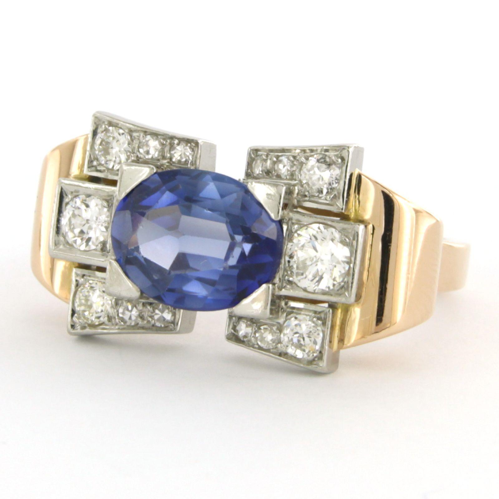 RETRO - Ring with synthetic Sapphire and Diamonds 18k bicolour gold For ...