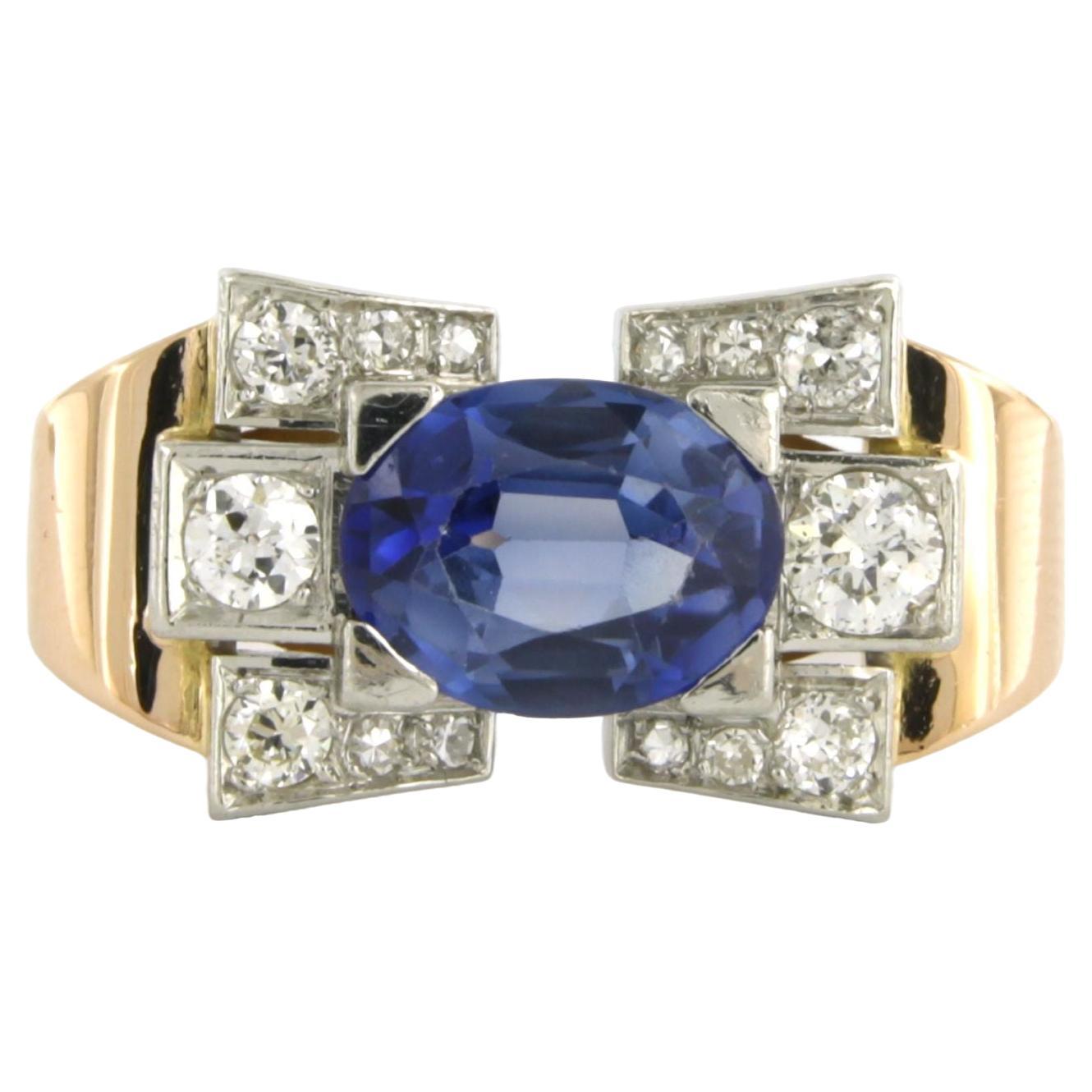 RETRO - Ring with synthetic Sapphire and Diamonds 18k bicolour gold For ...