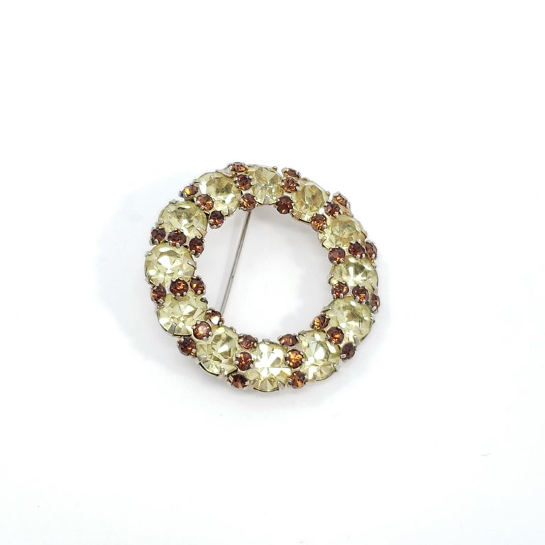 Retro Round Crystal Brooch in Brass, Dark Topaz and Jonquil Crystals ...