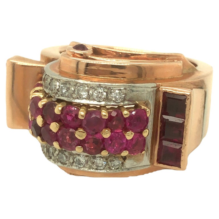 Retro Ruby and Diamond 14k Rose Gold Ring For Sale at 1stDibs