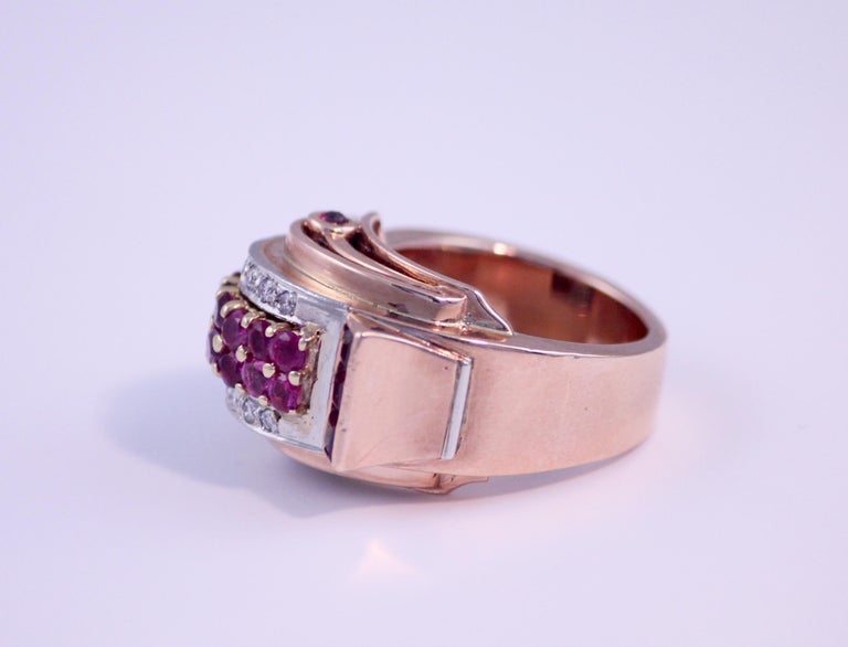Retro Ruby and Diamond 14k Rose Gold Ring For Sale at 1stDibs