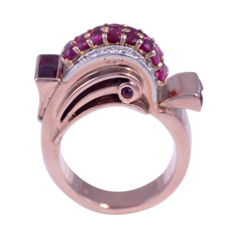 Retro Ruby and Diamond 14k Rose Gold Ring For Sale at 1stDibs