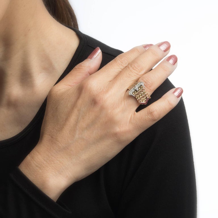 Retro Ruby Diamond Belt Buckle Ring Adjustable Vintage 14 Karat Rose ...