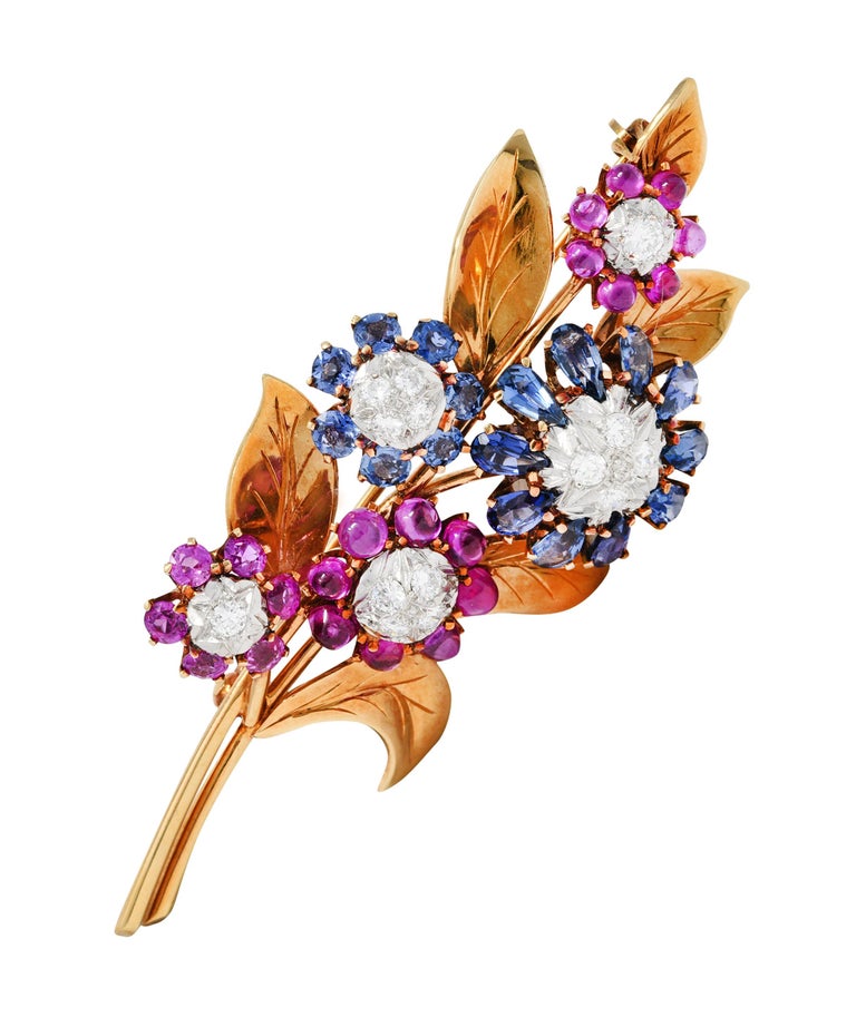 Retro Ruby Sapphire Diamond 14 Karat Gold Flower Brooch For Sale at 1stDibs