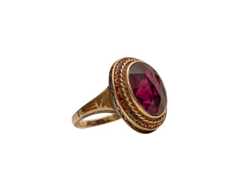 Retro Ruby Yellow Gold Ring Detailed Enamel Inlay with Etched Gallery ...