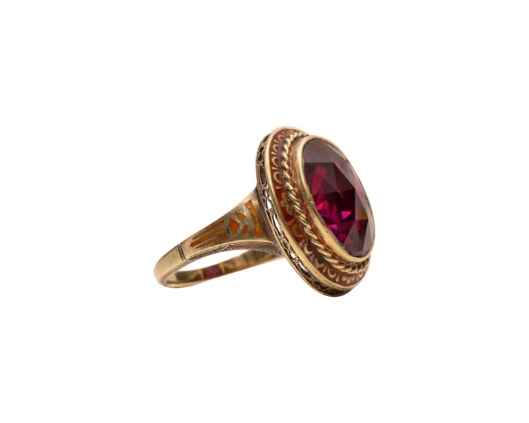 Retro Ruby Yellow Gold Ring Detailed Enamel Inlay with Etched Gallery ...