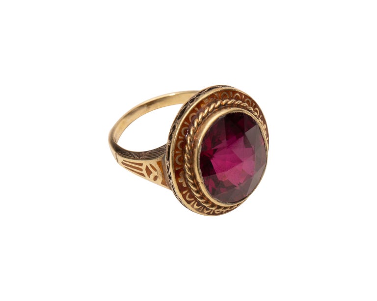 Retro Ruby Yellow Gold Ring Detailed Enamel Inlay with Etched Gallery ...