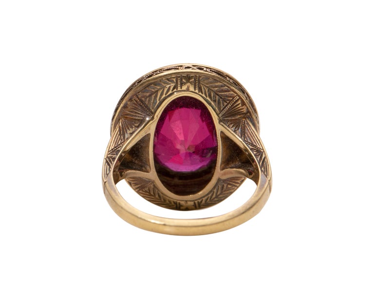 Retro Ruby Yellow Gold Ring Detailed Enamel Inlay with Etched Gallery ...